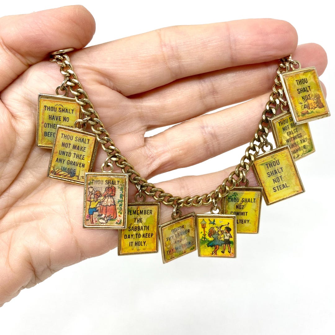 Vintage Charm Bracelet, Ten Commandments, Lenticular Charms, Communion ...