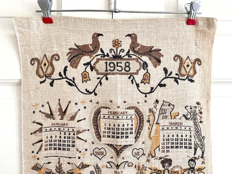 Vintage Calendar Towel 1958 Kitchen Wall Hanging Textile GREAT Graphics ...