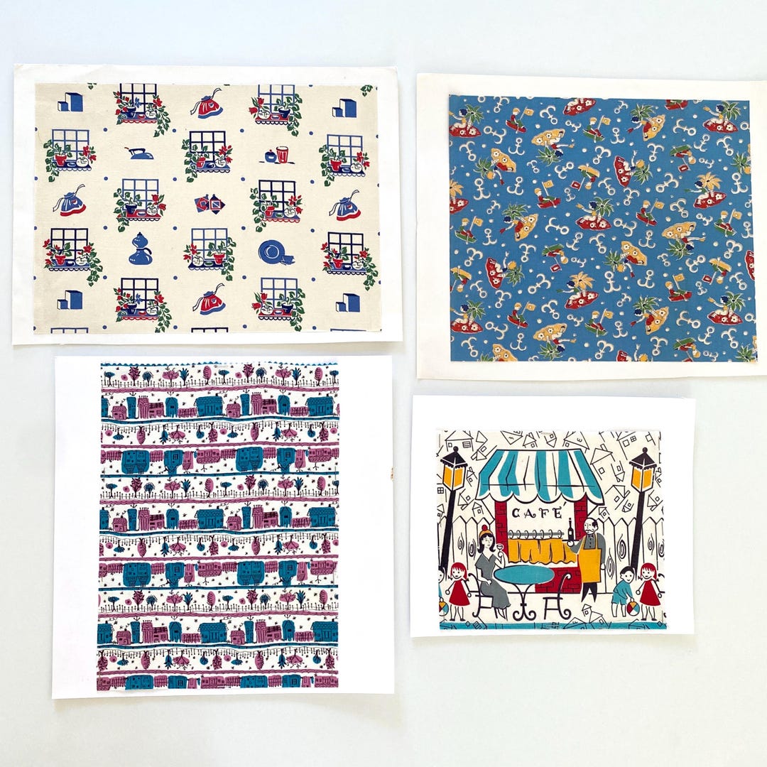 Vintage Fabric Samples, 1940s and 1950s Novelty Fabric, Feedsack Pieces ...