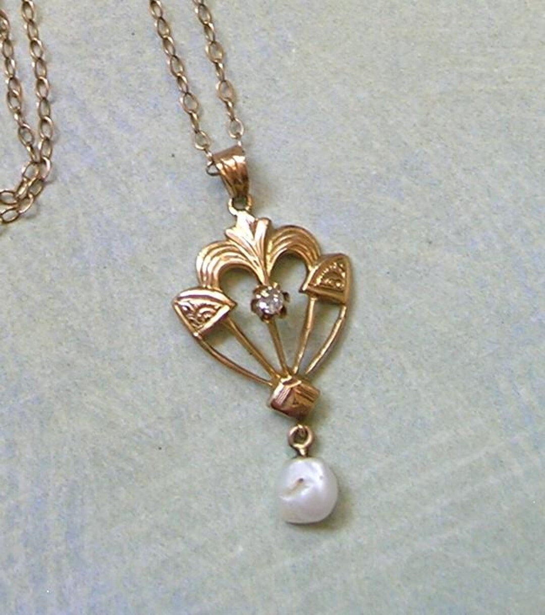 Antique 10K Gold Lavaliere Pendant With Diamond and Pearl, Antique Art ...