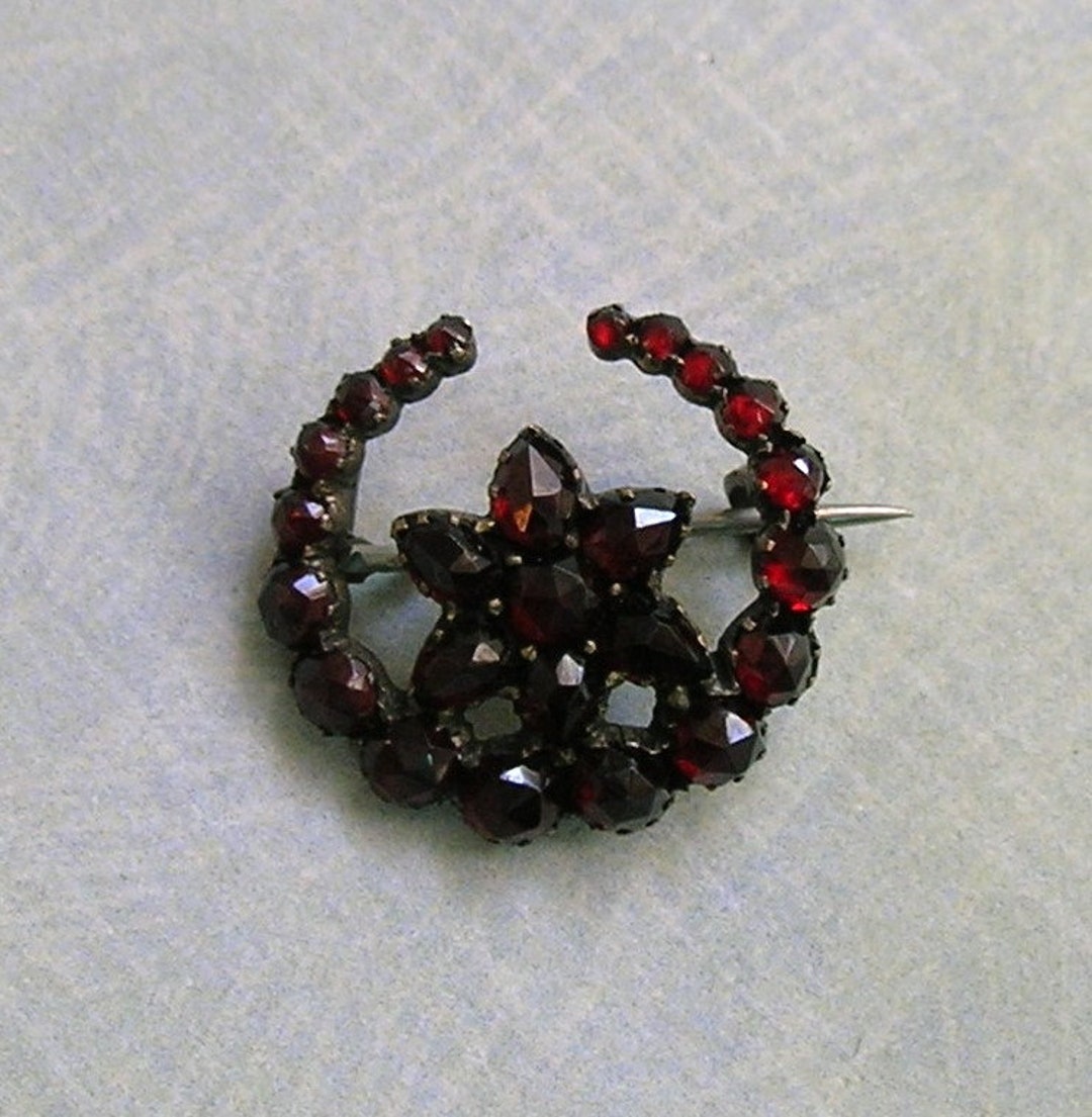 Antique Bohemian Rose Cut Garnet Moon and Star Brooch Pin, Antique Garnet Brooch Pin, Old ...