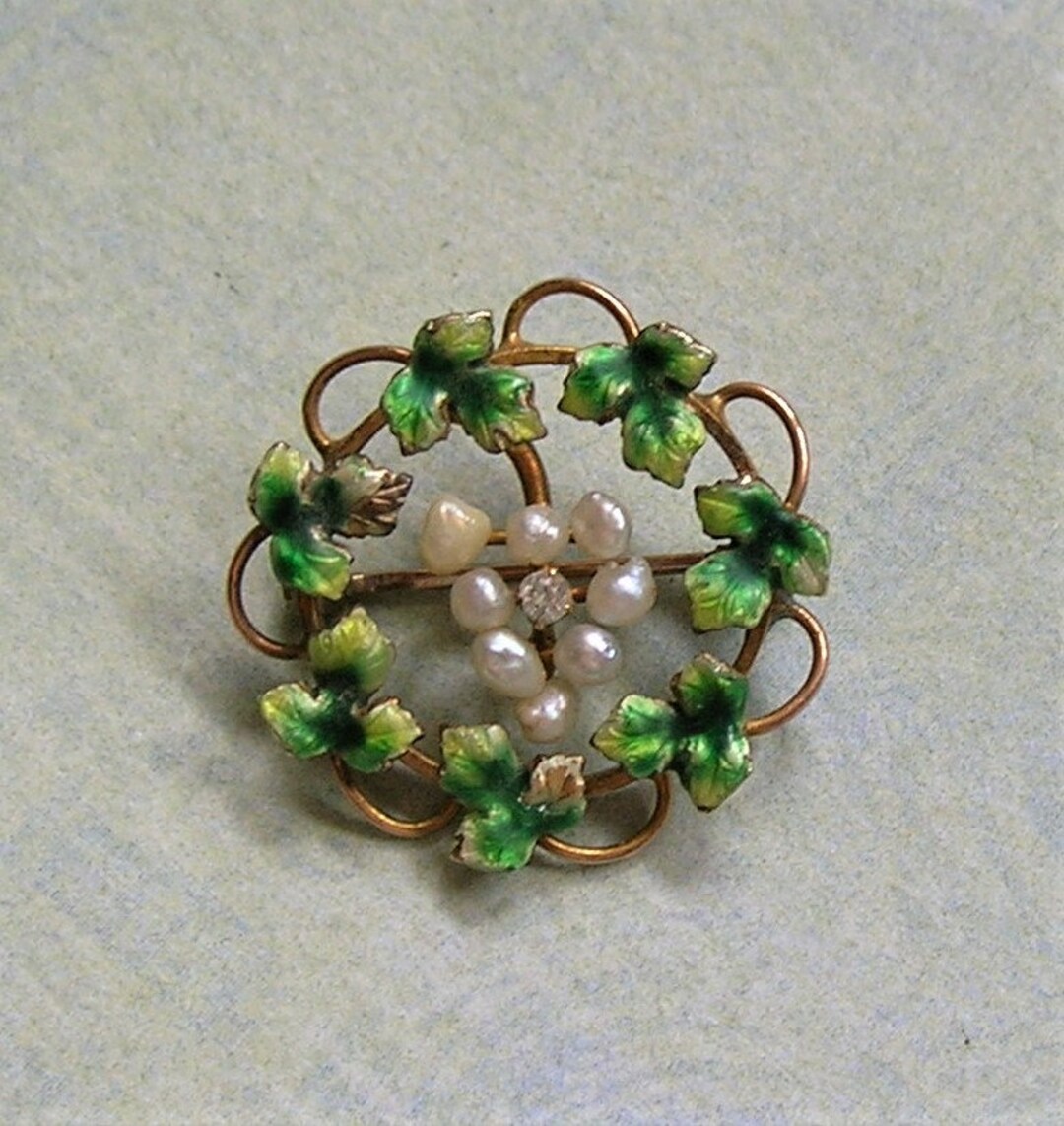 Antique 14K Gold Enamel Diamond and Pearl Pin Old 14K Leaf - Etsy