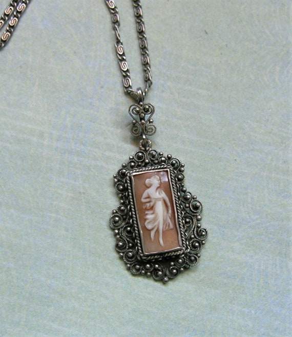 Antique 800 Silver Cameo Pendant Necklace, Old Carved… - Gem Antique 800 Silver Cameo Pendant Necklace, Old Carved… - Gem