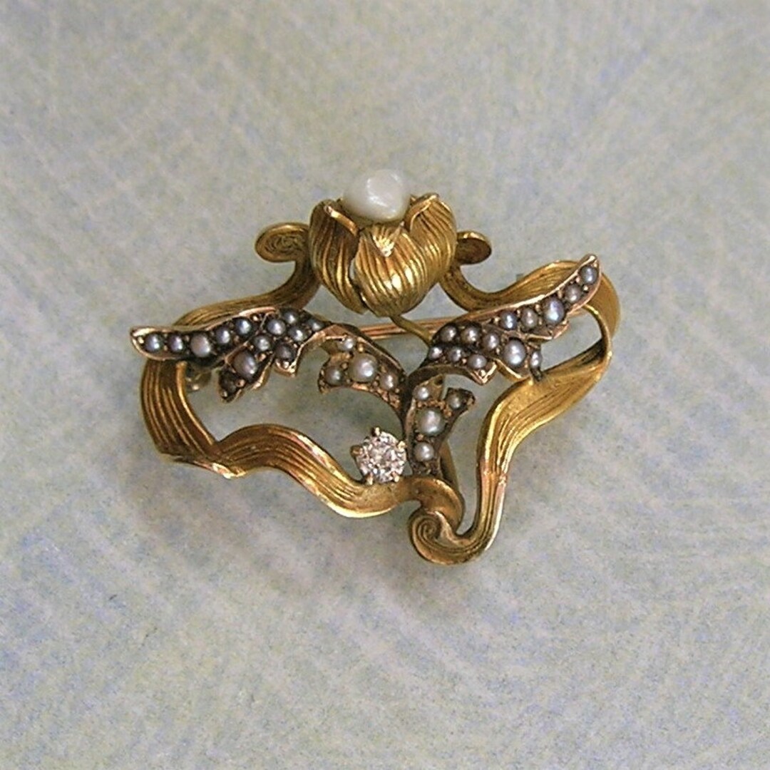 Antique 14K Gold Art Nouveau Pearl and Diamond Watch Pin, Old Nouveau ...