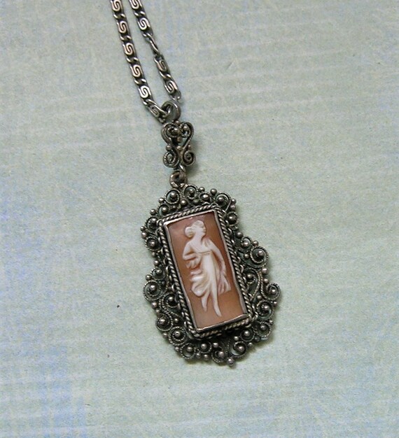 Antique 800 Silver Cameo Pendant Necklace, Old Carved… - Gem Antique 800 Silver Cameo Pendant Necklace, Old Carved… - Gem
