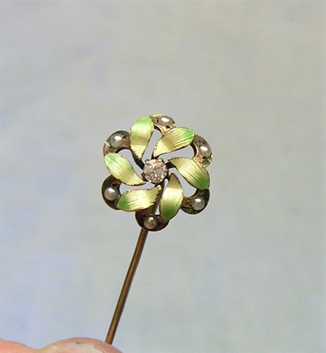 Antique 14K Gold, Enamel and Diamond Stick Pin, Gold Stick Pin With ...