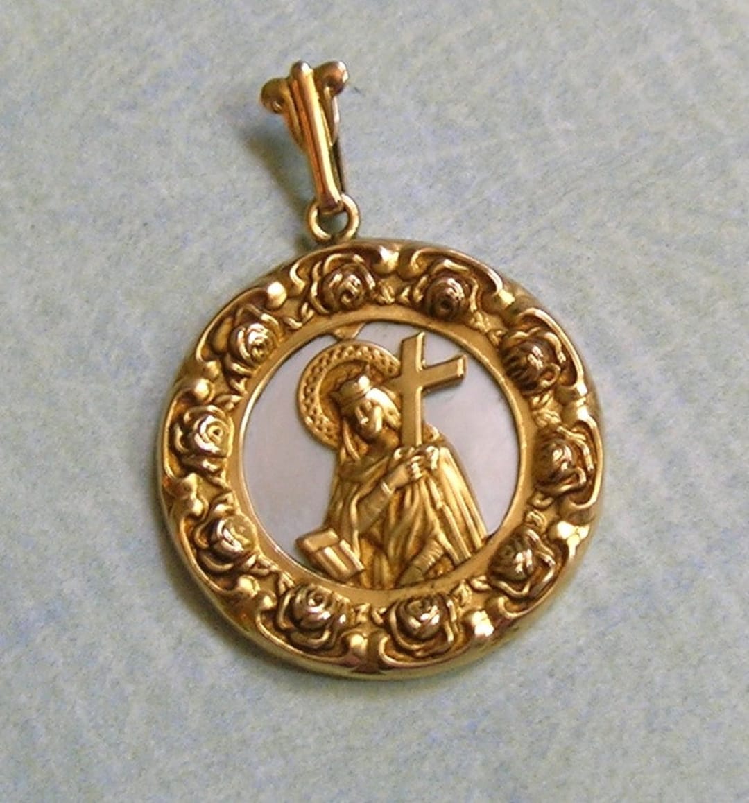 Vintage 10K Gold Religious Medal Pendant, Religious Mother of Pearl ...