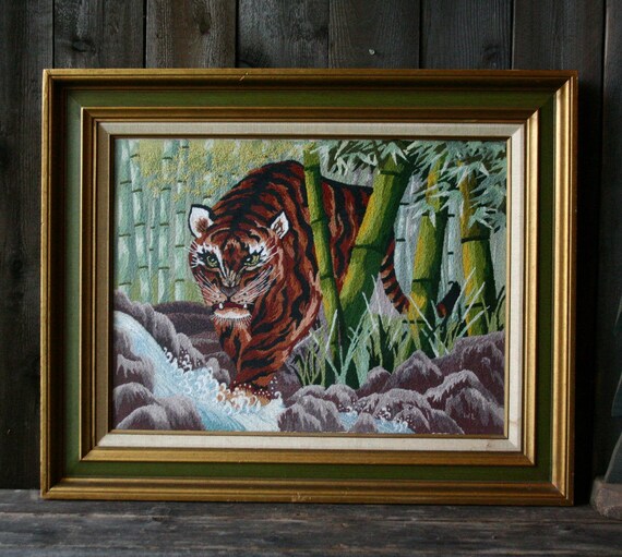 Vintage Tiger Embroidered Outsider Art Gold Frame Vintage 60s | Etsy