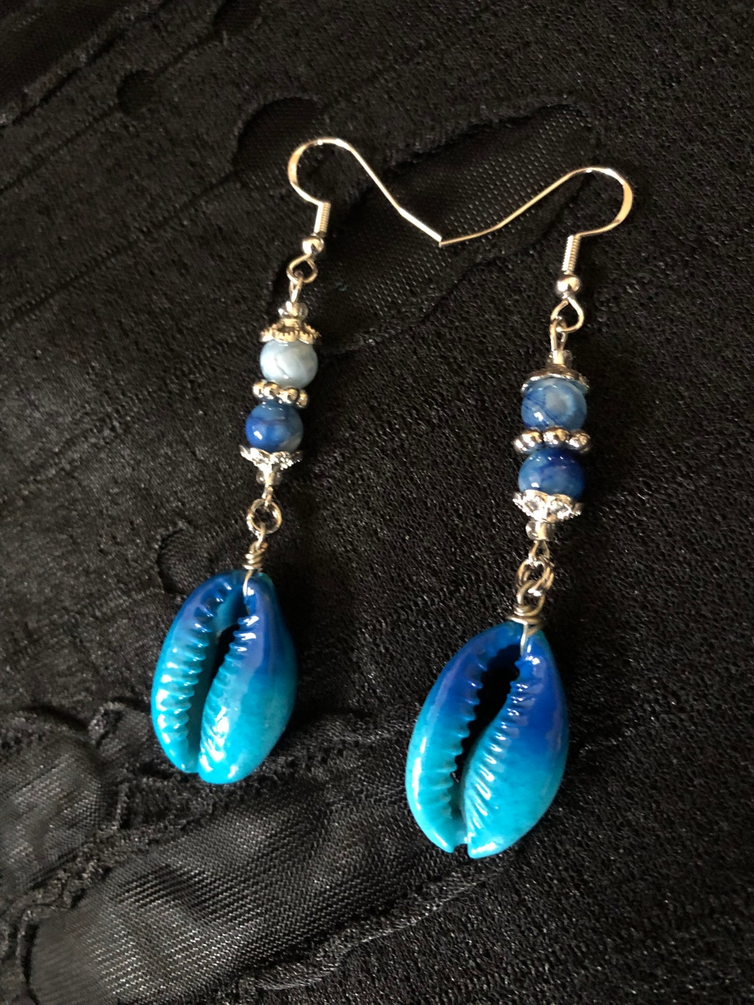 Blue Cowry Shell and Lapis Stone Earrings - Etsy