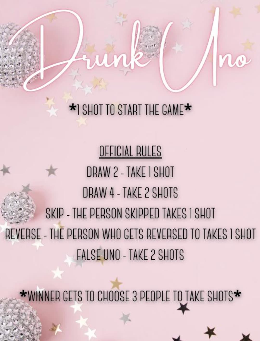 Pink Last Disco “drunk Uno” Bachelorette Party Game - Digital Download ...