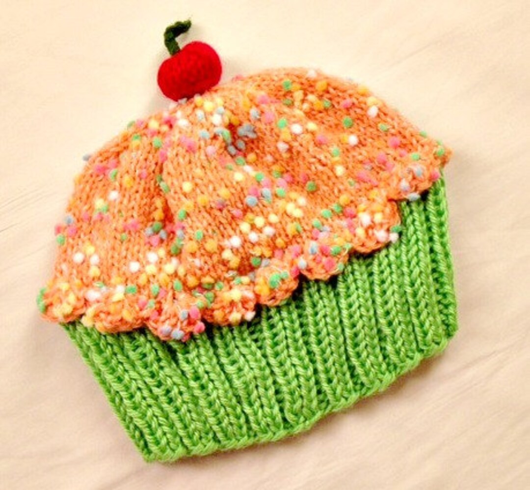 Handmade Hand Knit Cupcake Hat With Cherry on Top Key Lime Cake Orange ...