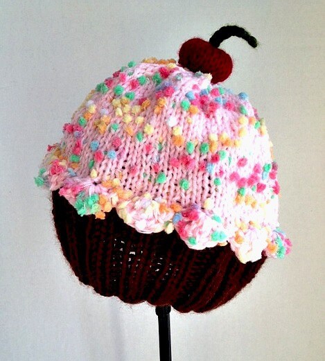 Cupcake Hat With Cherry on Top Dark Chocolate Brown Cake Pink Cotton ...