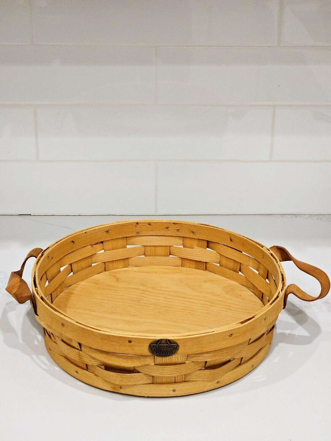 Peterboro Round Basket Tray 13" W/ Leather Handles - Handmade USA ...