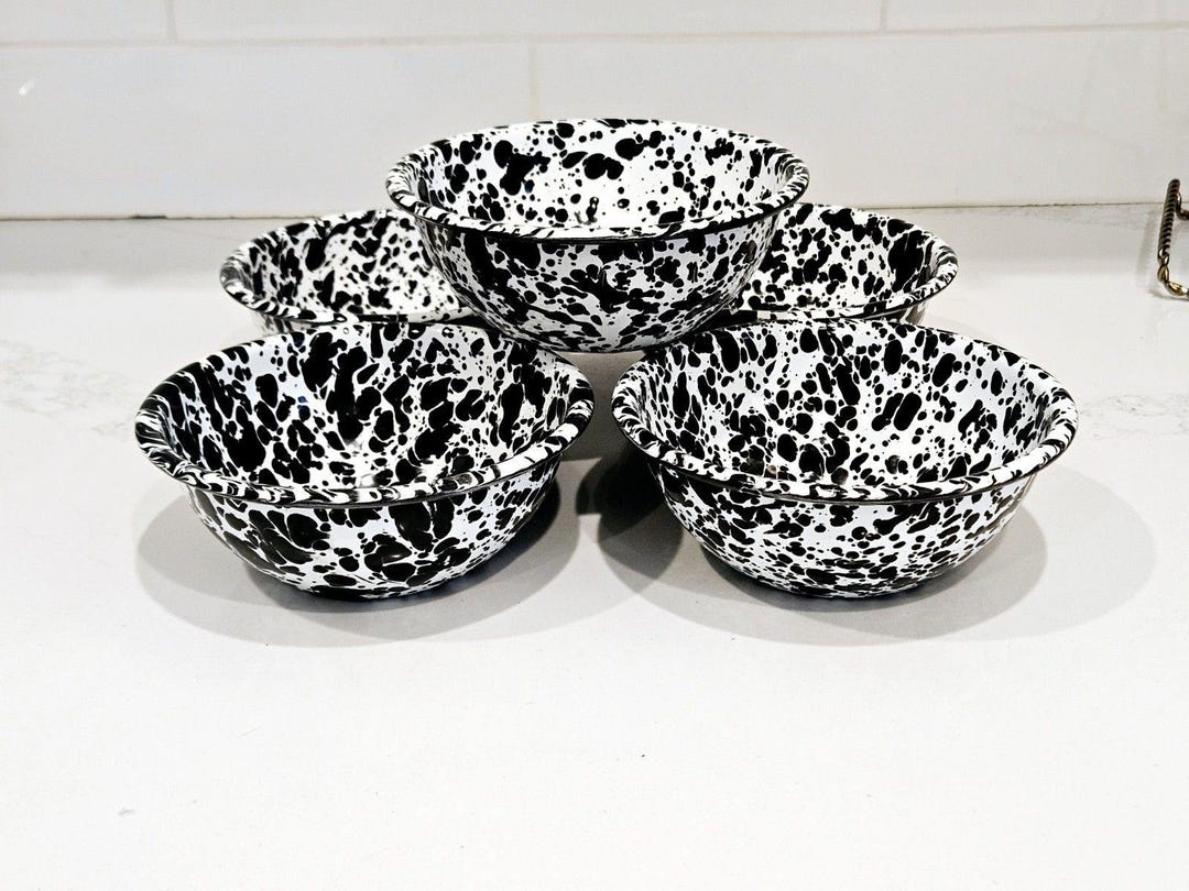Set of 5 Crow Canyon Home Enamel Bowls Black & White Splatter (6"x2.2 ...