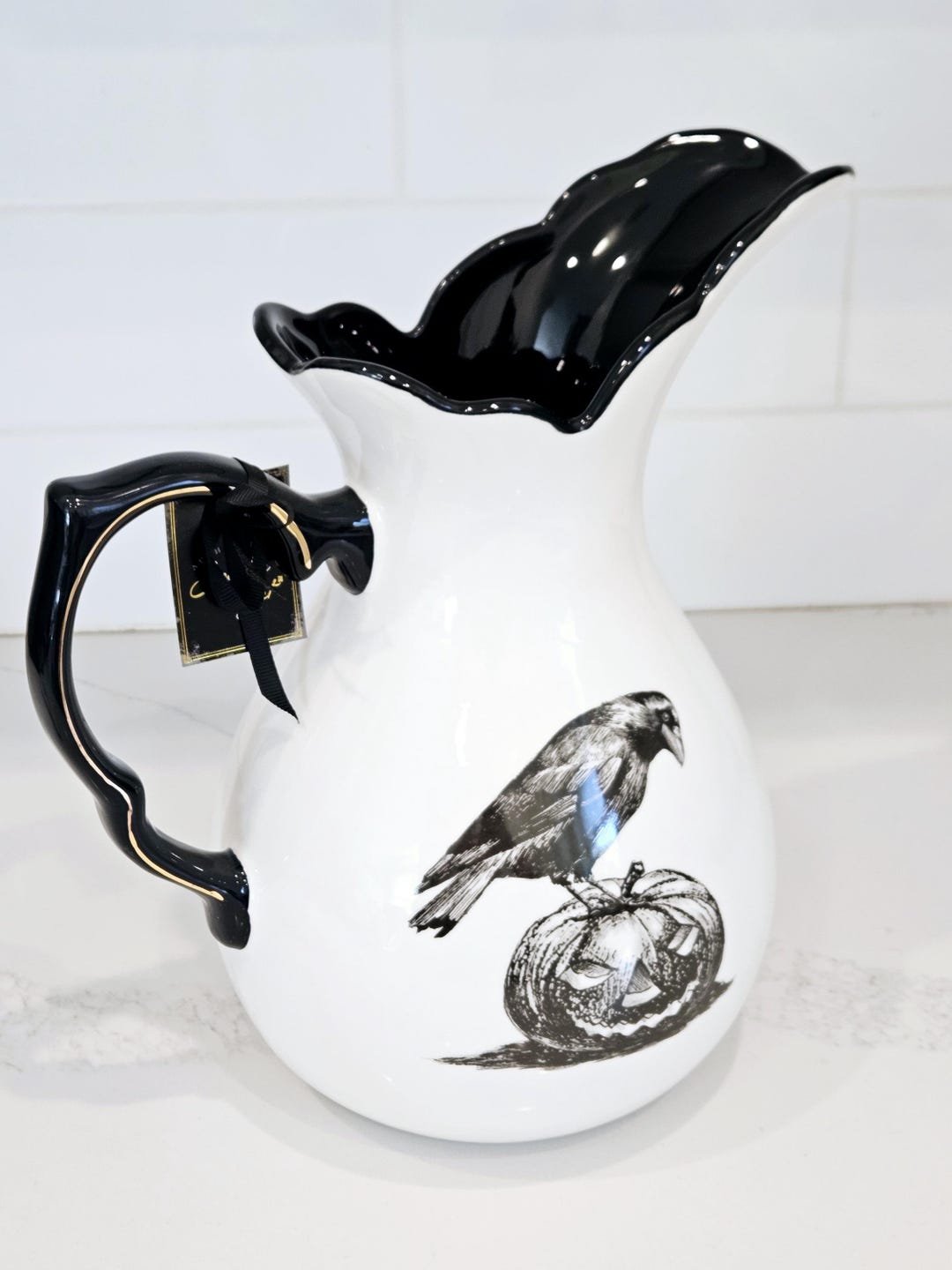 Halloween Raven Jack-o'-lantern Pitcher - Gothic Farmhouse Ceramic Vase ...