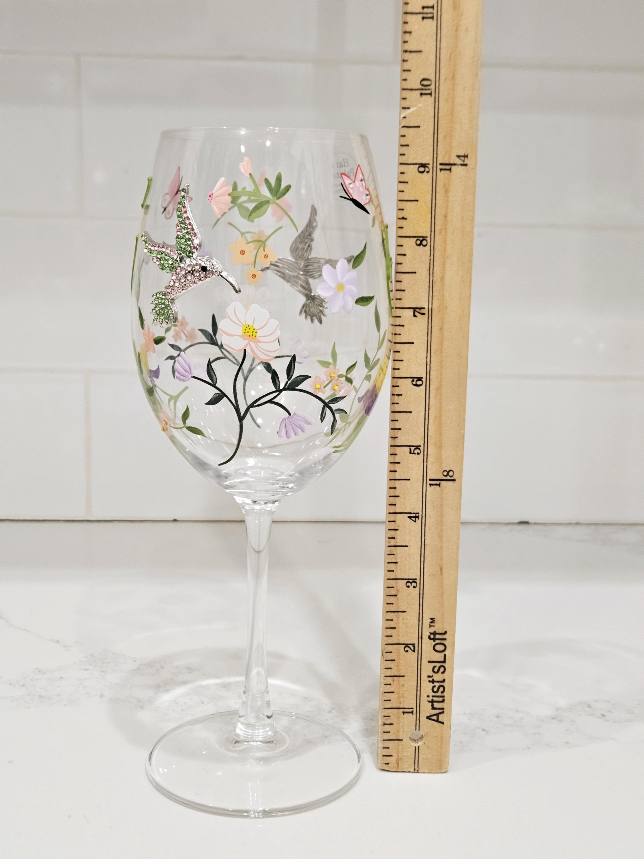 Hand Painted Hummingbird Wine Glasses Set of 6 Floral Jeweled Stemware ...