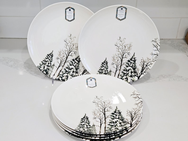 Winter Forest Dinner Plates Set of 6 Porcelain Christmas Table Decor ...