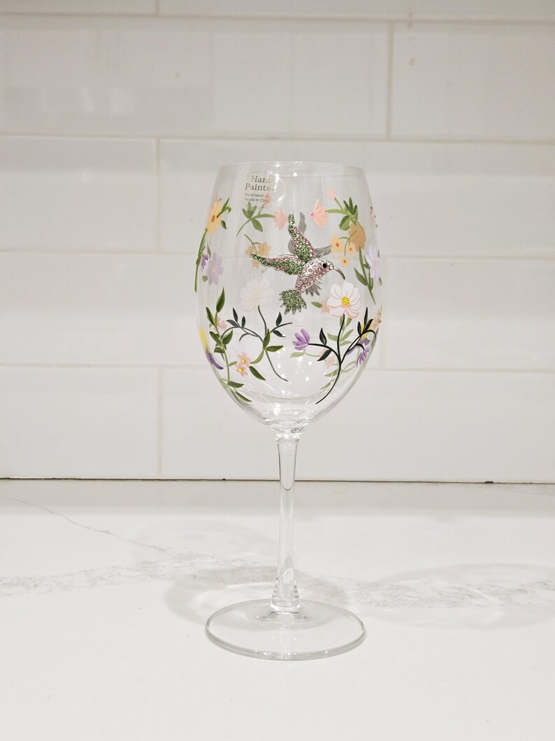 Hand Painted Hummingbird Wine Glasses Set of 6 Floral Jeweled Stemware ...