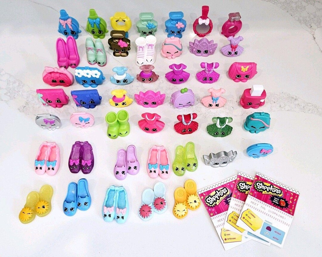 Shopkins Lot of 47 Figures Shoes, Accessories, Dresses + 3 Checklists ...