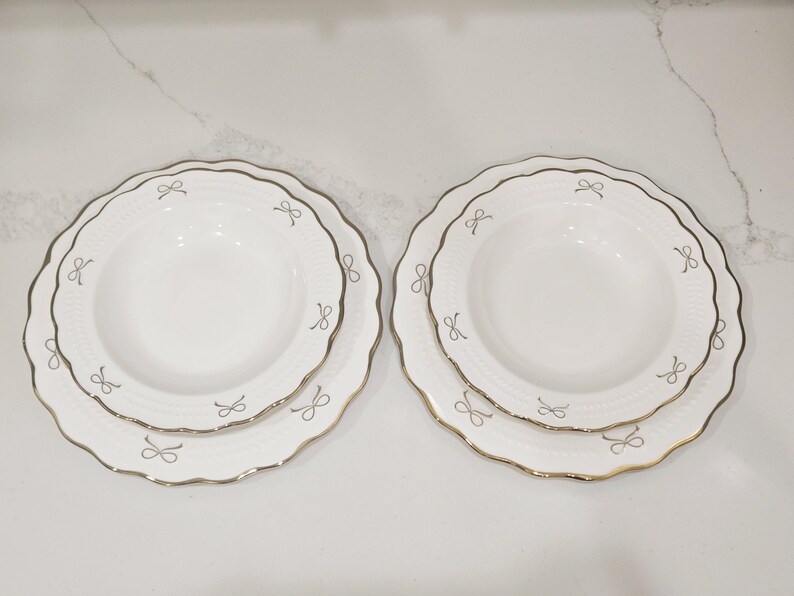 Yedi Houseware Gold Bow Plates Set White Porcelain Dinnerware 4pc ...