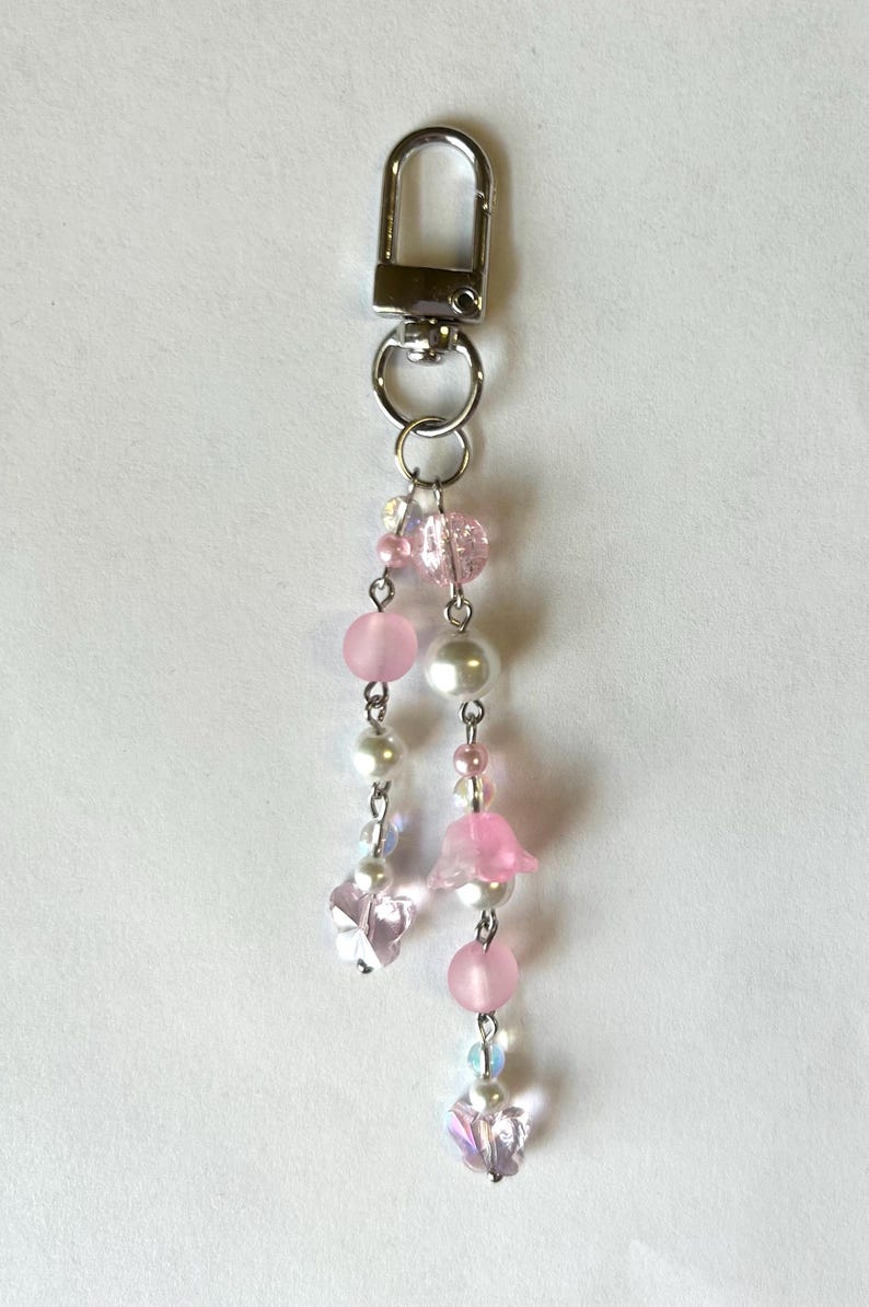 Pink and Pearl Silver Floral Beaded Keychain - Etsy