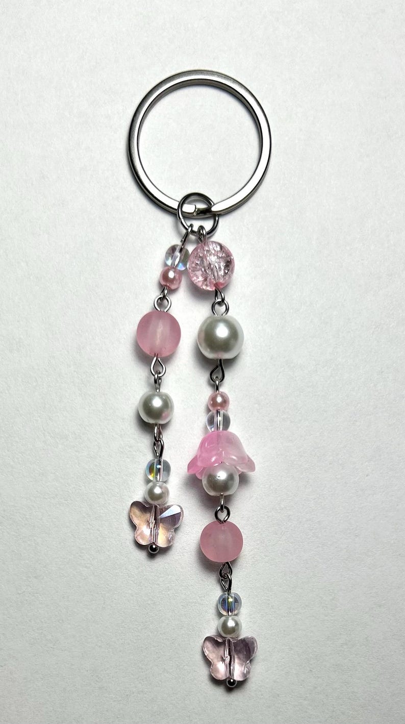 Pink and Pearl Silver Floral Beaded Keychain - Etsy