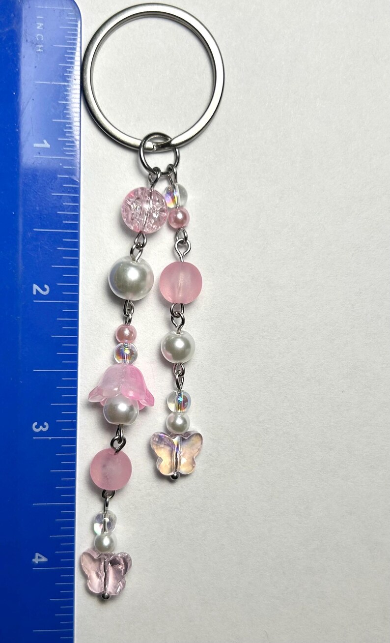 Pink and Pearl Silver Floral Beaded Keychain - Etsy