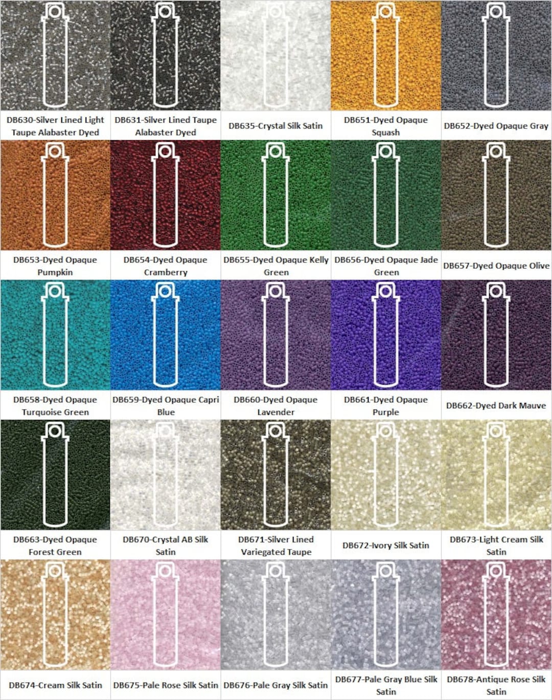 Miyuki Delica Size 11/0, Seed Beads, Colors DB630-DB732, 7.2 Gram Tubes ...