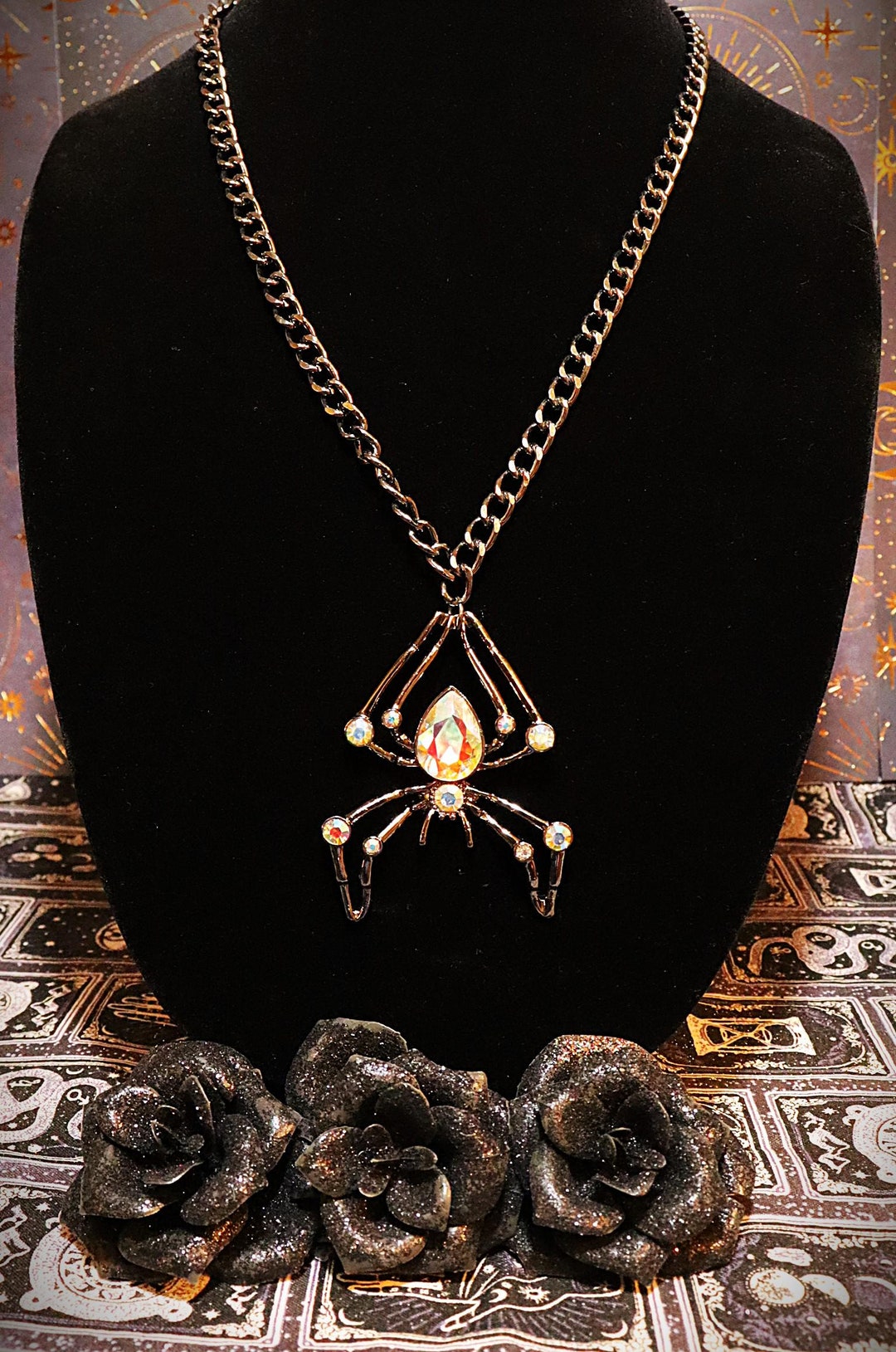 Elegant Gothic Silver Crystal Spider Curb Chain Necklace, Sparkling ...