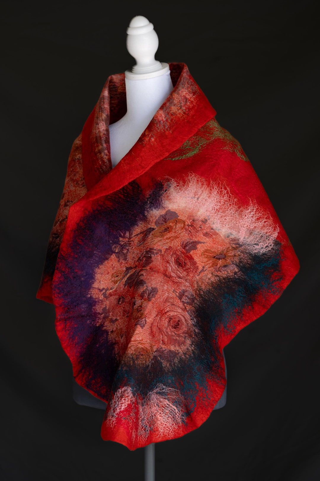Handmade Felt Shawl – 50 Shades of Red, Wool & Silk, Unique Floral ...
