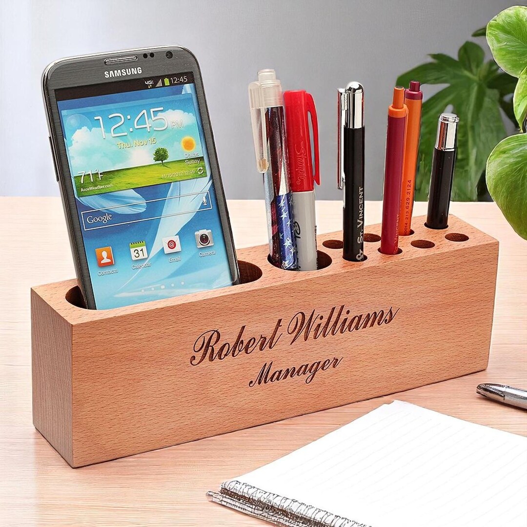 Personalized Beech Wood Phone Stand With Pen Organizer - Free Engraving ...