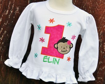 Personalized Monkey Girl Kids Birthday Ruffle Shirt / Flowers | Etsy