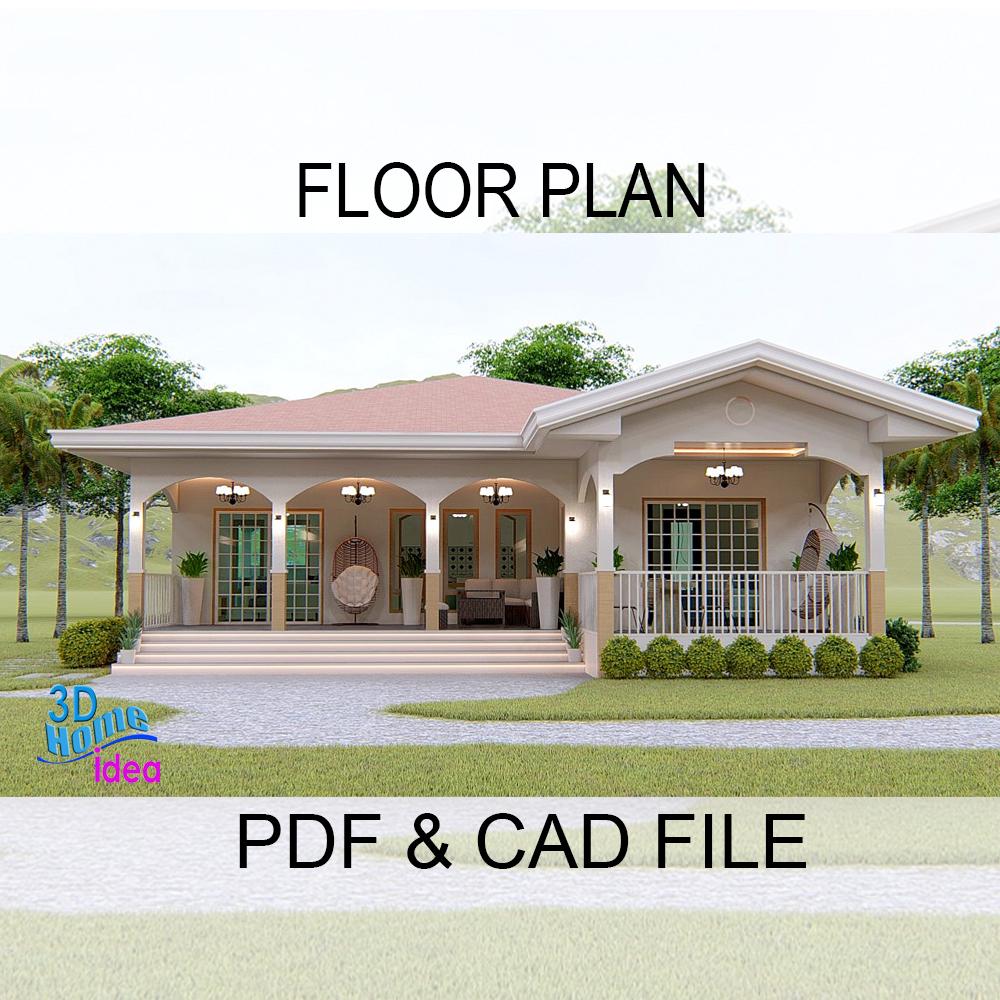 House Design ( Floor Plan ) PDF and CAD File , 11 X 13.5 Meters With 3 ...