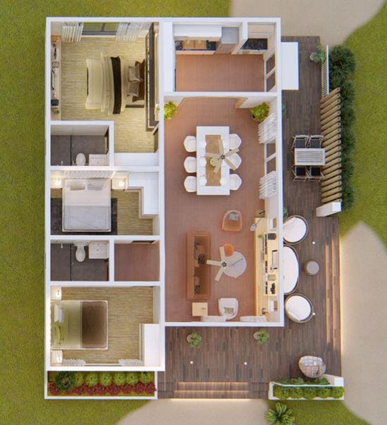 3 Bedroom House Plan: 8x12 Meters, Modern Home Design (PDF & CAD File ...