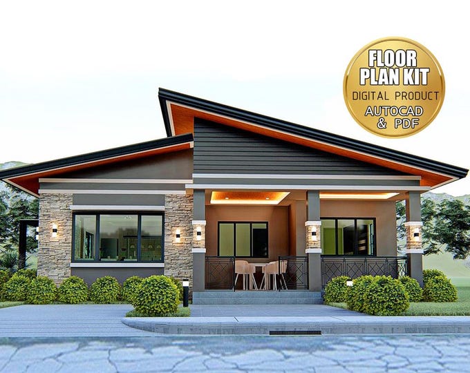 3 Bedroom House Plan: 8x12 Meters, Modern Home Design (PDF & CAD File ...