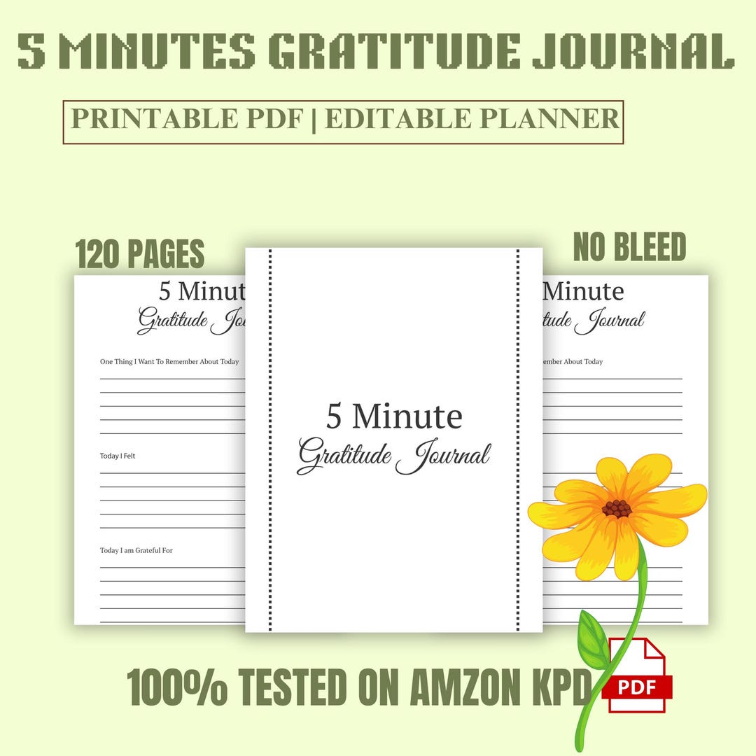5 Minute Gratitude Journal KDP Interior, Positive Thinking Printable ...