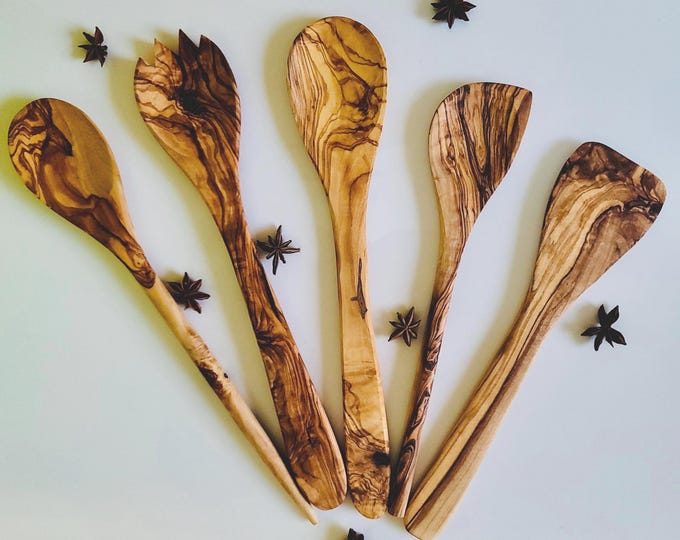 Handcrafted Olive Wood Kitchen Utensil Set: Salad Servers and Cooking ...