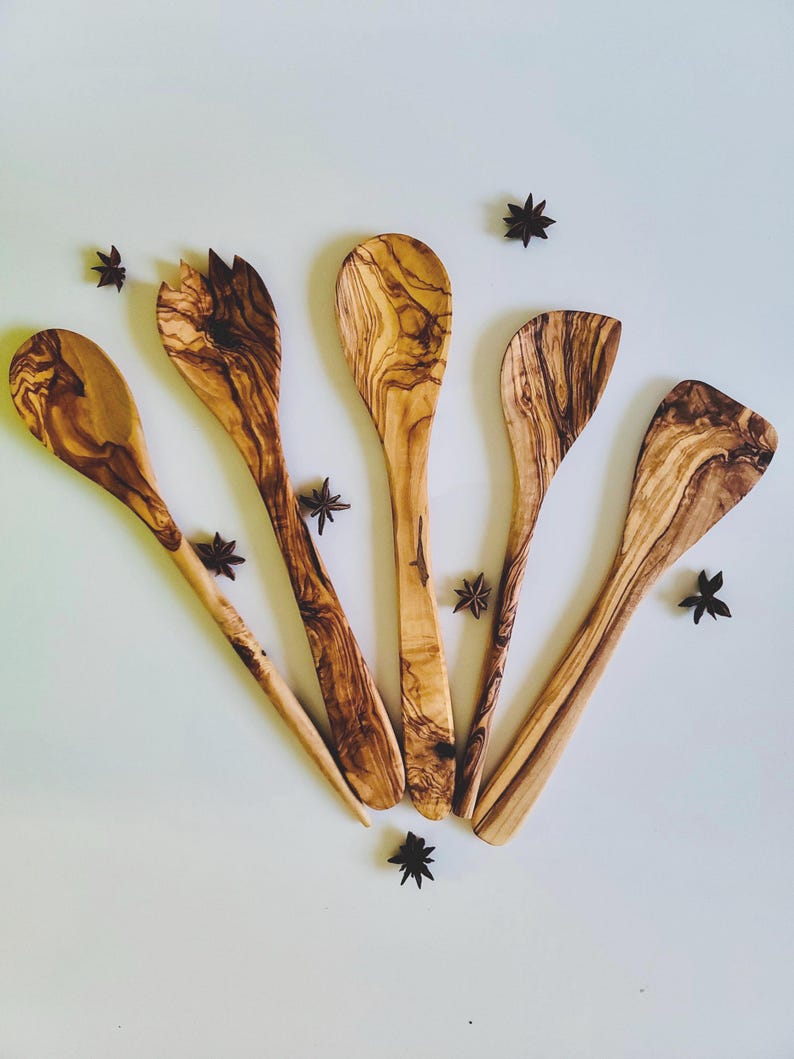 Handcrafted Olive Wood Kitchen Utensil Set - Includes 1 Spatula, 2 ...