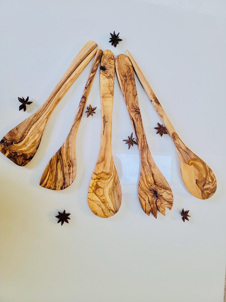Handcrafted Olive Wood Kitchen Utensil Set - Includes 1 Spatula, 2 ...