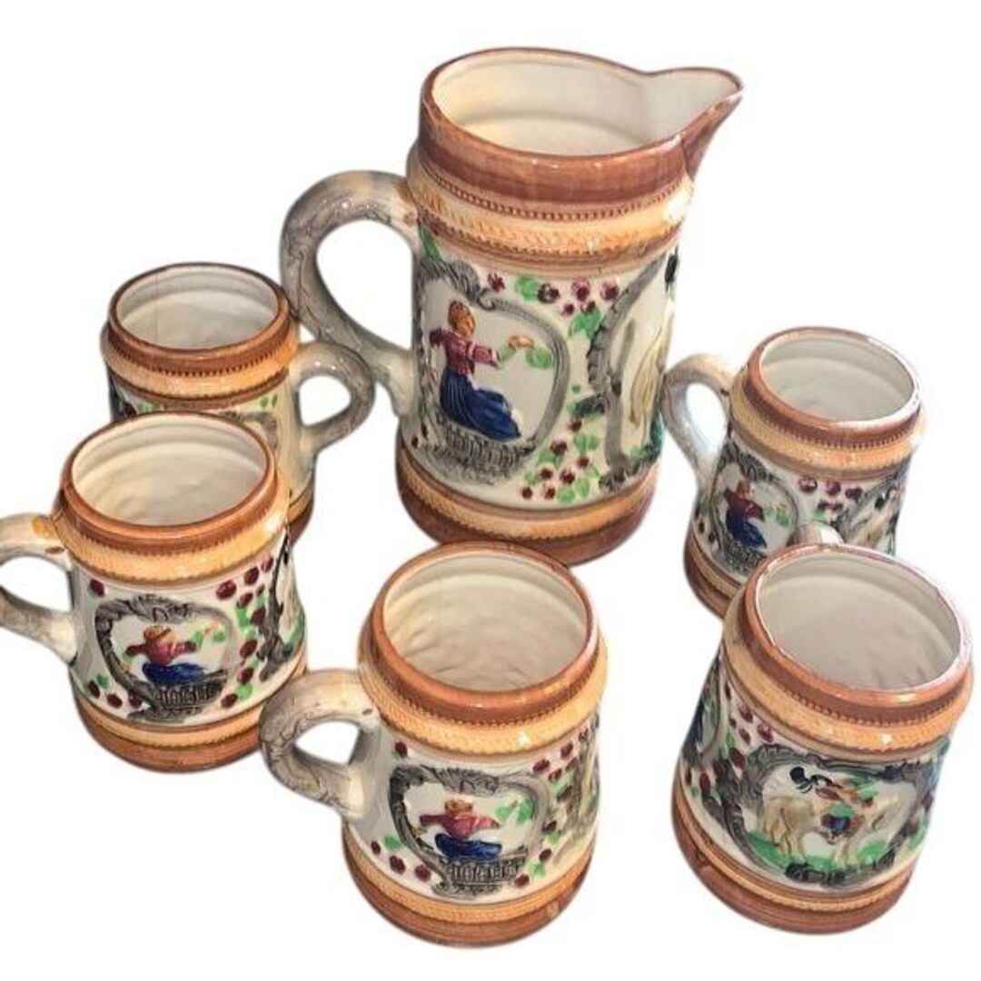 Vintage Japanese Ceramic Beer Stein Set With Horse Rider Motif ...