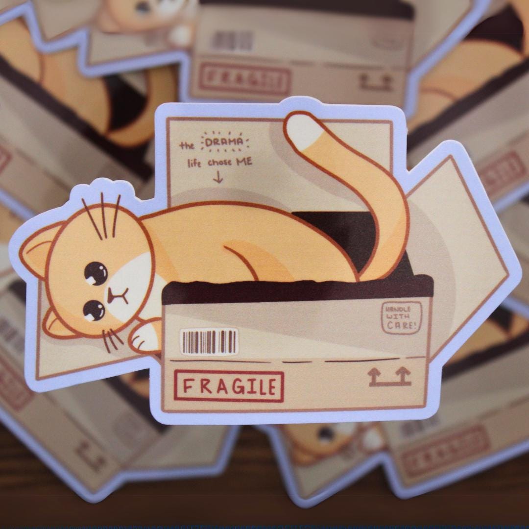 Funny Orange Cat in Fragile Box Sticker Cute Vinyl Decal for Laptops ...