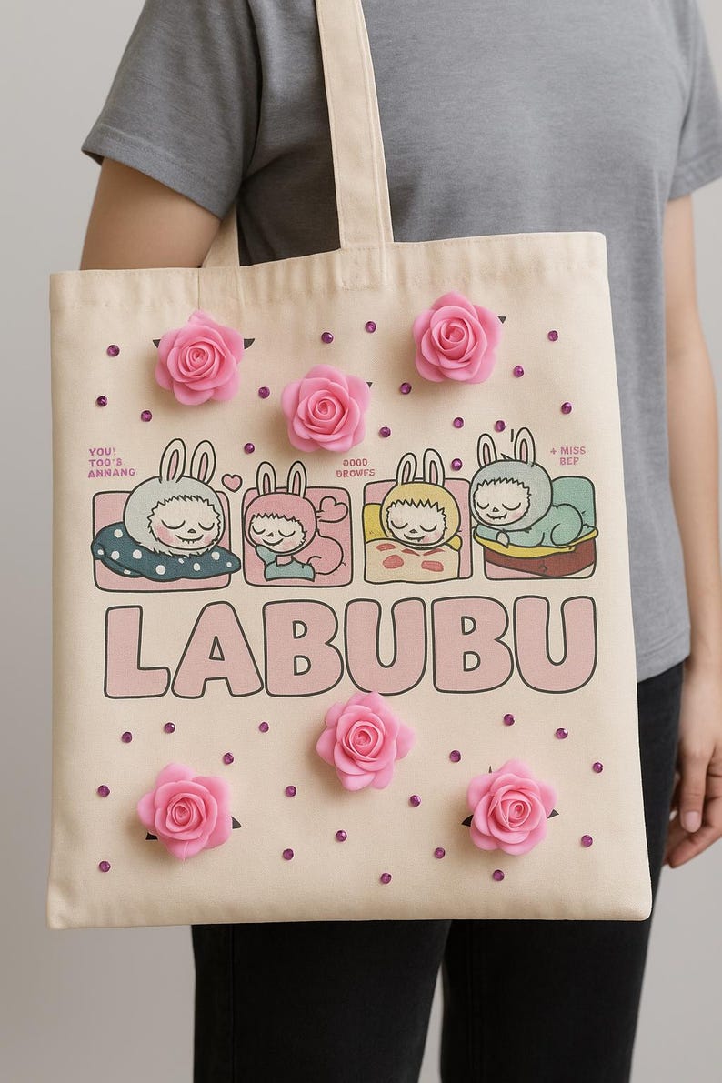 Handmade LABUBU Tote Bag • Canvas Shopper With Pink Roses & Sparkly Rhinestones - Etsy