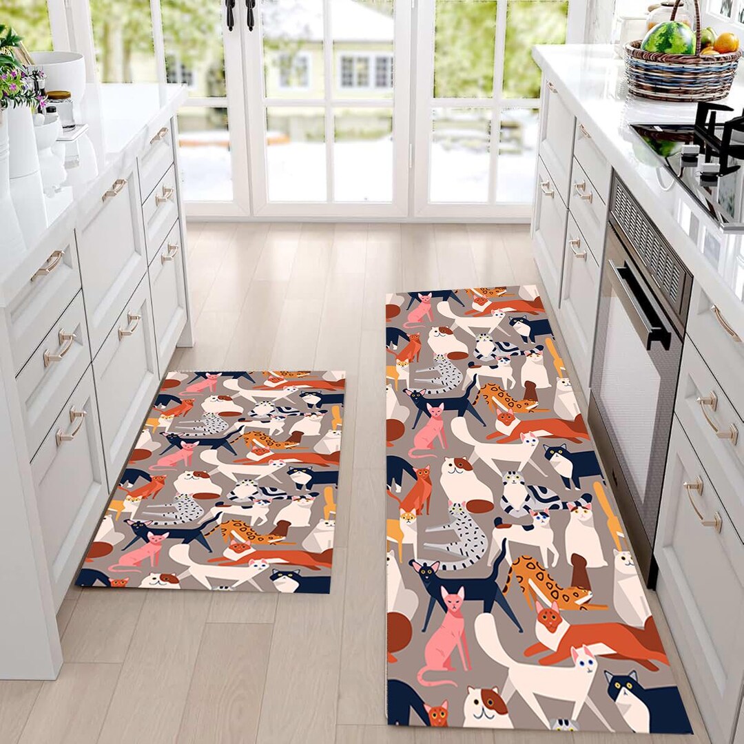 Colorful Cat Patterned Runner Rug, Cats Runner Rug Design, Non-slip ...