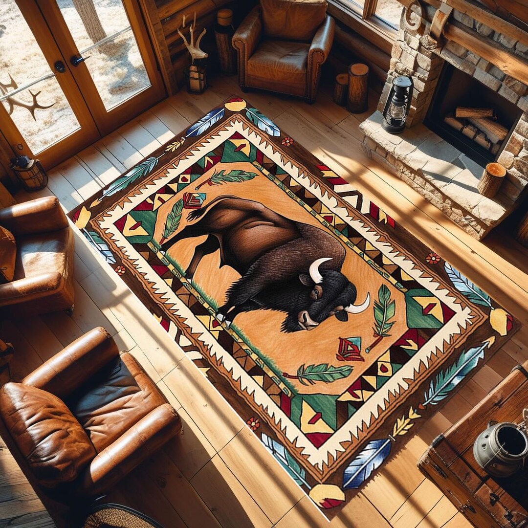 Western Buffalo Rug, Bison Animal Print Rug, Rustic Country Lodge Decor ...