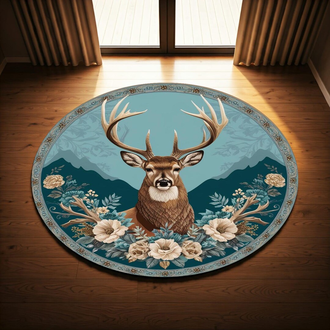 Deer Head Rug, Deer and Flower Rug, Deer Rug, Living Room Aesthetics ...