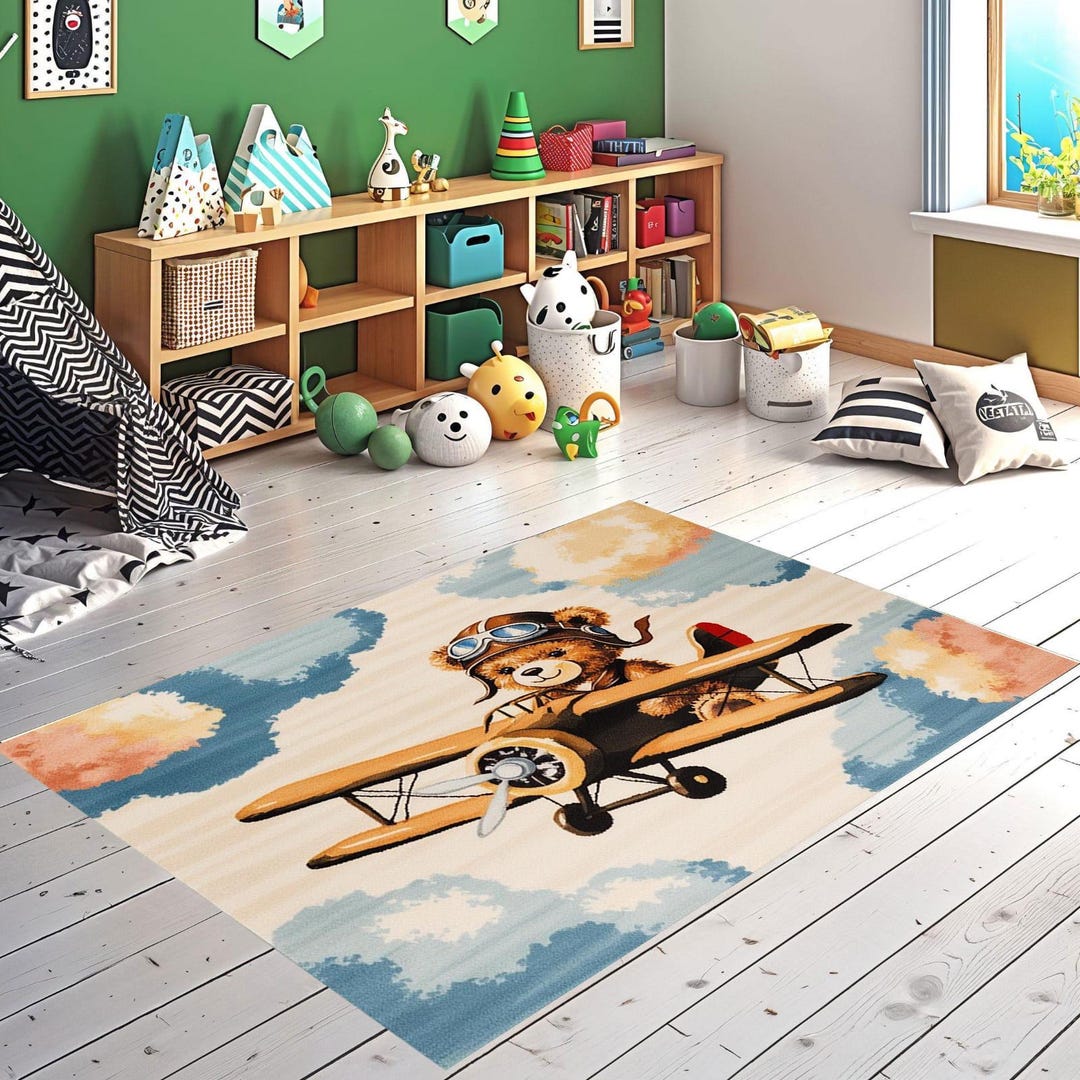 Pilot Bear Kids Rug, Teddy Bear Rug , Airplane Play Rug, Cute Bear ...