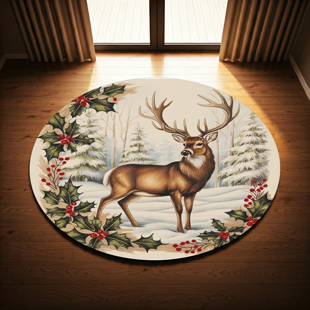 Round Deer Patterned Rug, Round Happy Christmas Rug, New Year Deer ...