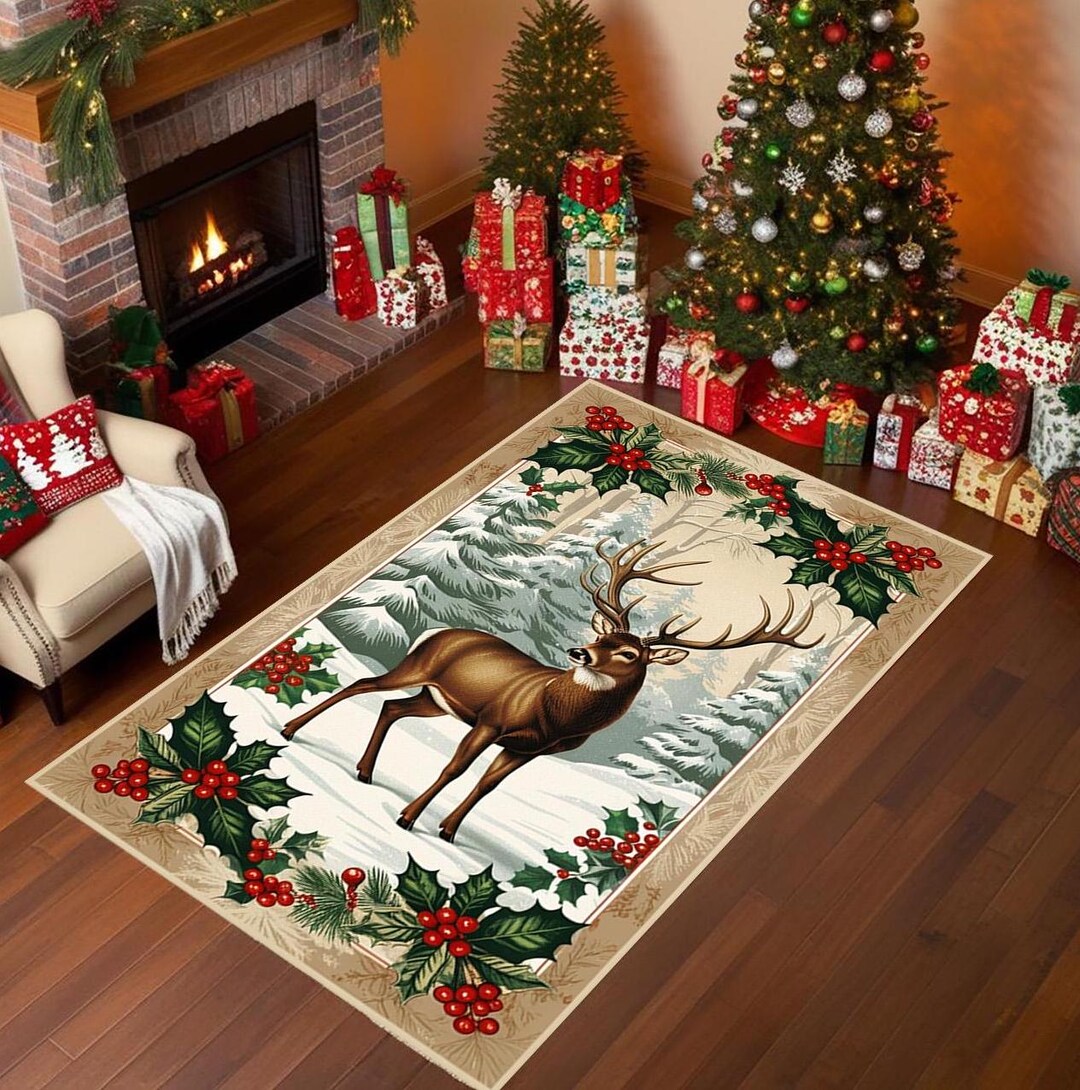 Reindeer Patterned Christmas Rug, Reindeer Rug, Snowy Forest and Deer ...