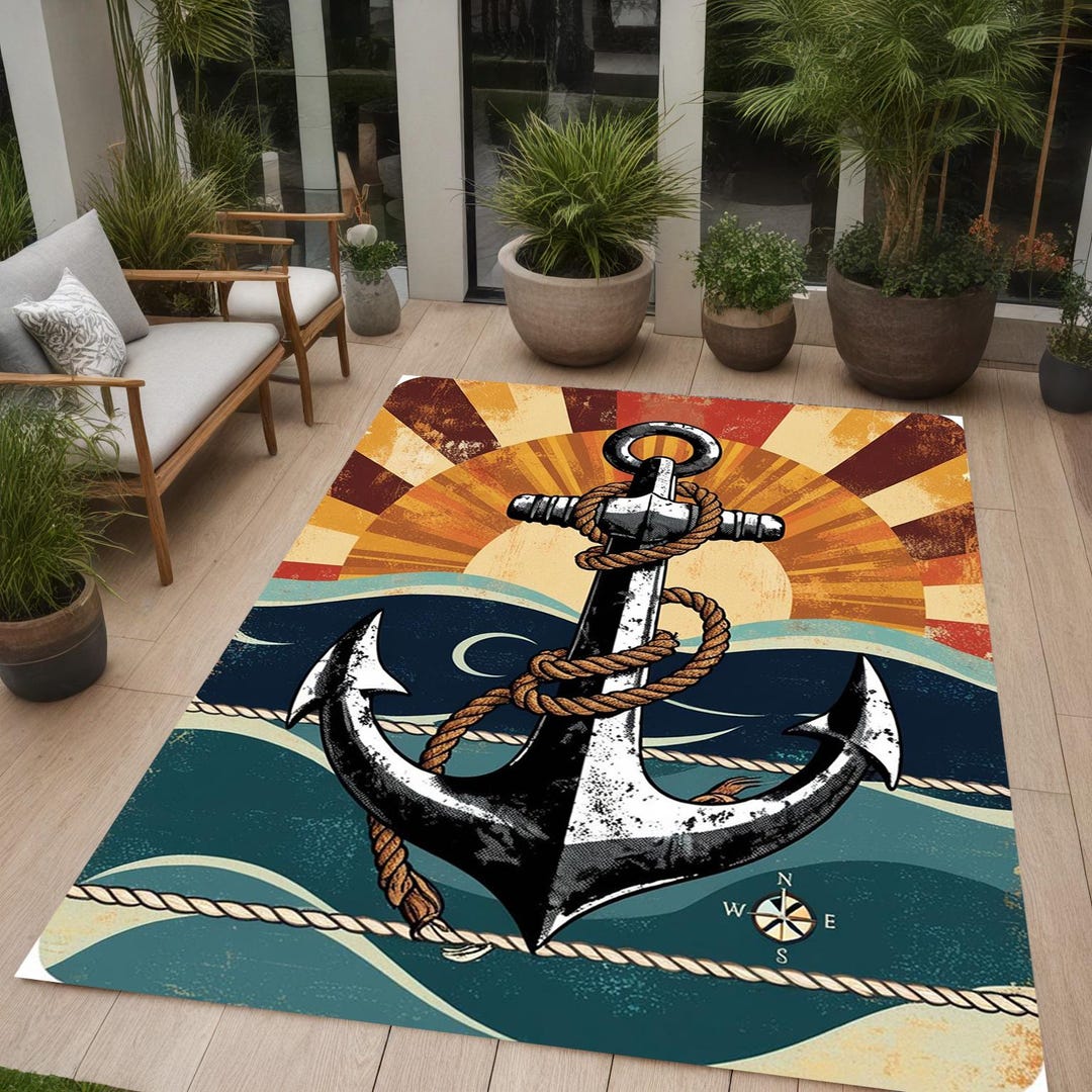 Anchor Patterned Rug, Vintage Anchor Rug, Waterproof Rug, Patio Rug ...