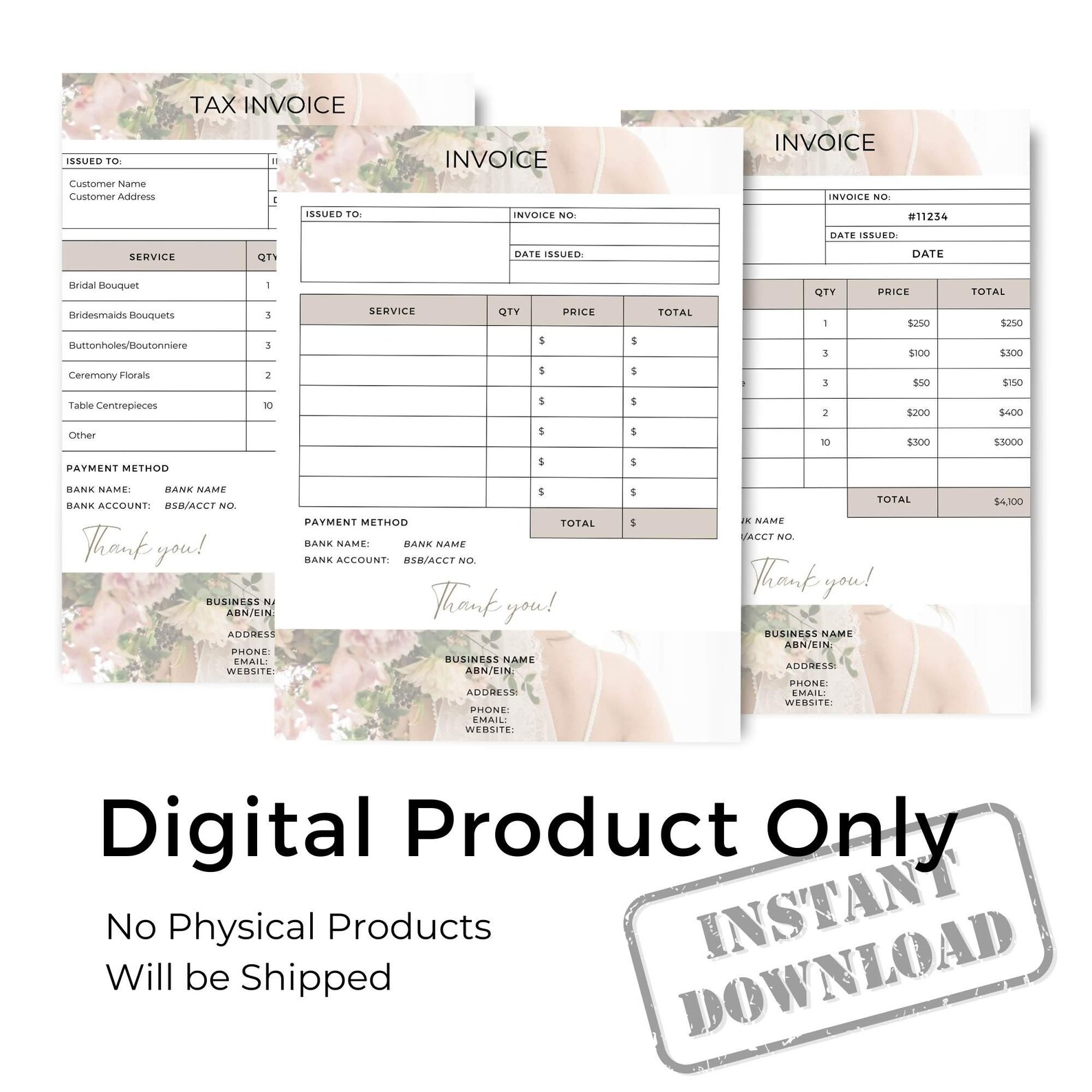 Wedding Florist Invoice Template Bundle | Editable Canva Floral Invoice ...